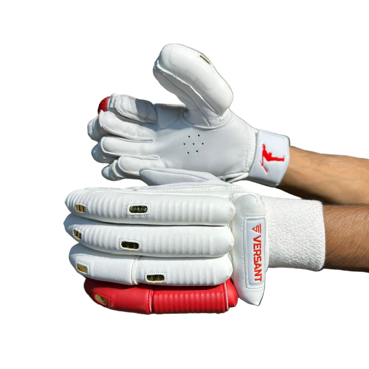 Versant Showman Glory Cricket Batting Gloves White Red Golden